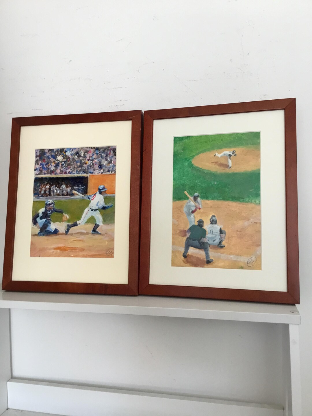 Pair of Small Baseball Game Paintings, Well Matted and Framed. Pair of ...