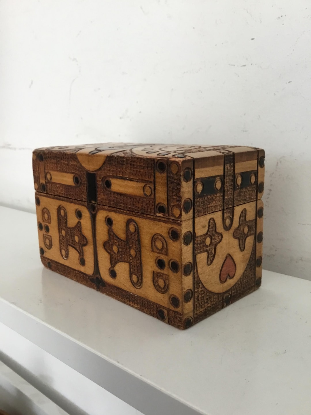 Folk Art Decorated Wood Box. Small Vintage Wooden Box With Intricate ...
