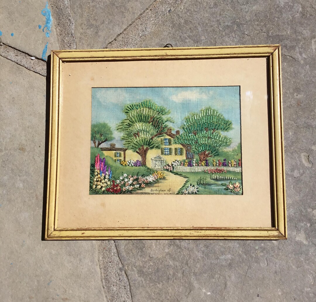 Embroidered Cottage Scene. Vintage Embroidery and Painted Cloth Scene ...