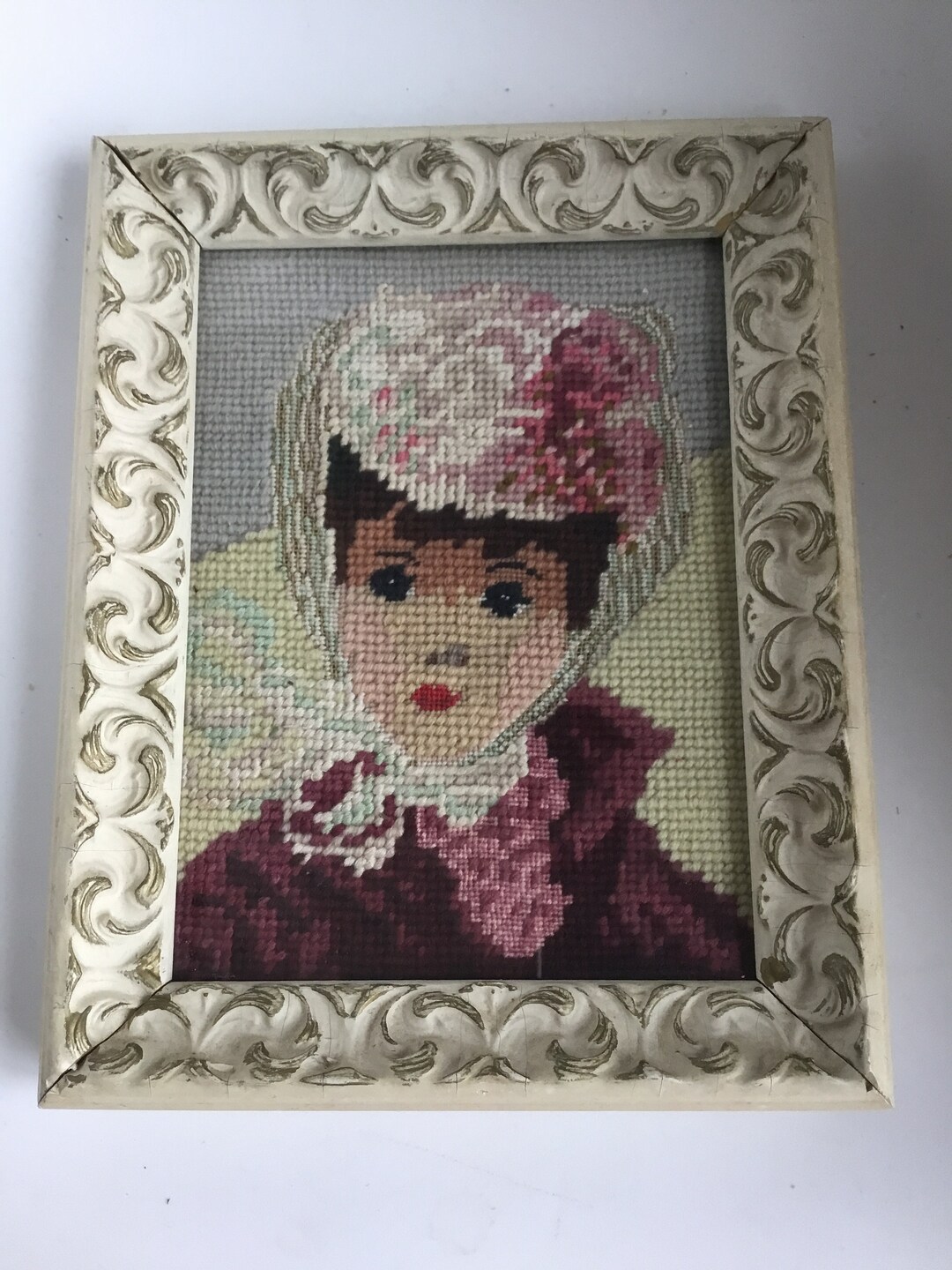 Small Vintage Needlepoint of Pretty Girl in a Hat in Original White and ...