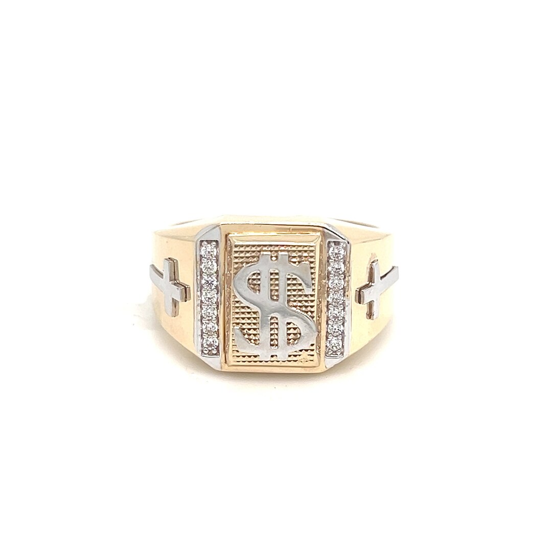 Real Solid 14K Gold Ring Money Sign & Cross Gold Ring With 14 CZ Stones ...