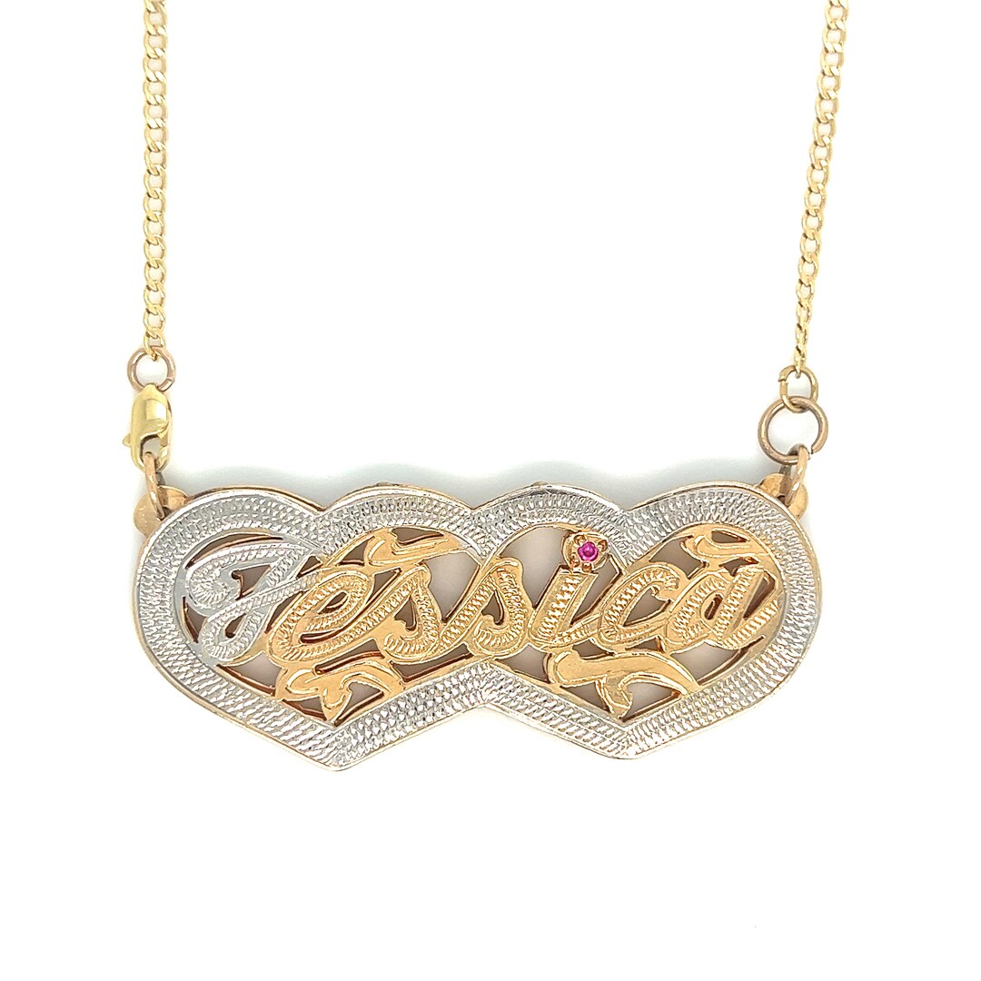Customized Double Nameplate Double Heart Border Necklace 10k And 14k Real