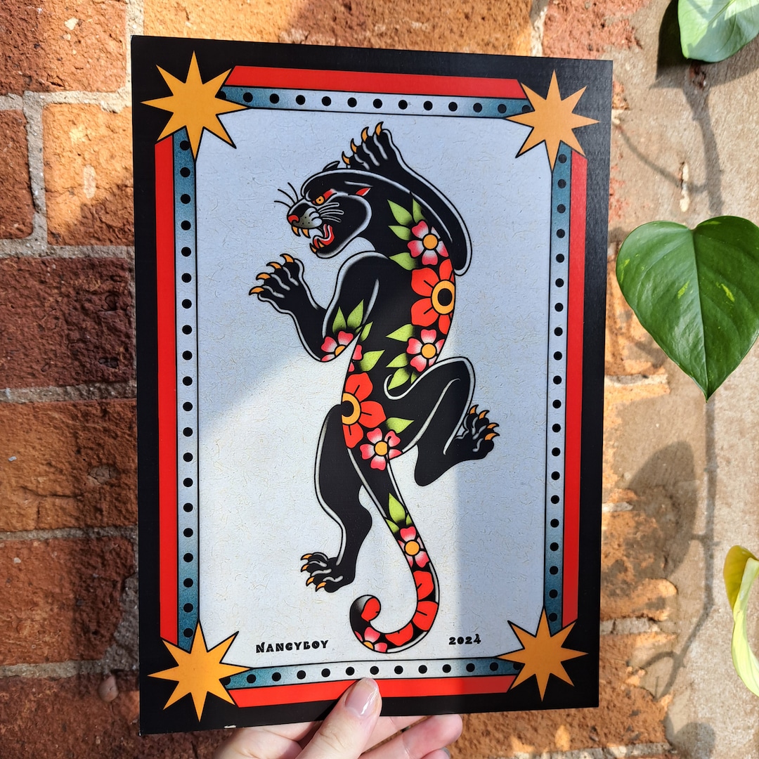 Full Colour American Traditional Crawling Panther | A4 or A5 Tattoo ...