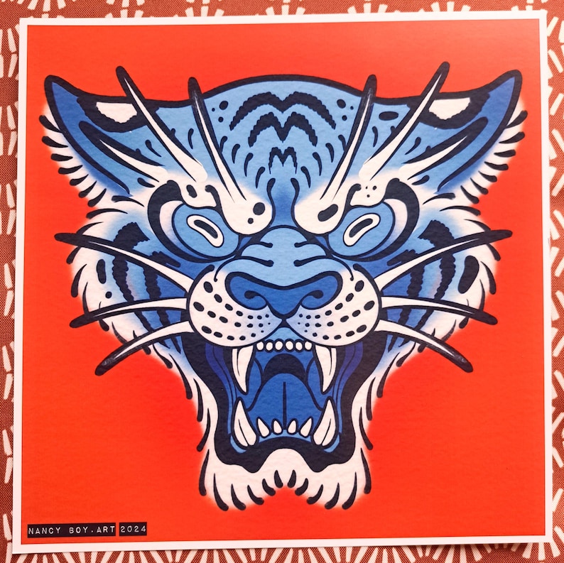 Blue Tiger | A4 & A5 Square Digital Art Print | Traditional Tattoo ...