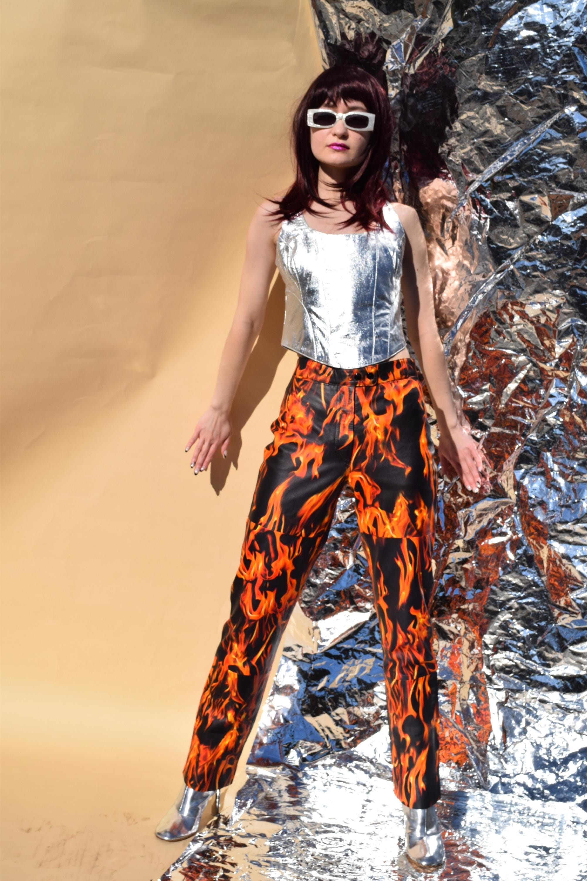MARINE SERRE Flame Fire Leather Pants Runway 2019 Moto SZ Small Medium ...