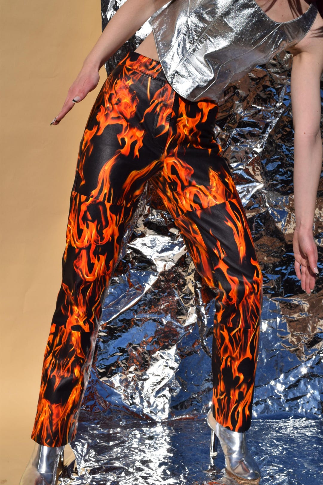 MARINE SERRE Flame Fire Leather Pants Runway 2019 Moto SZ Small Medium ...
