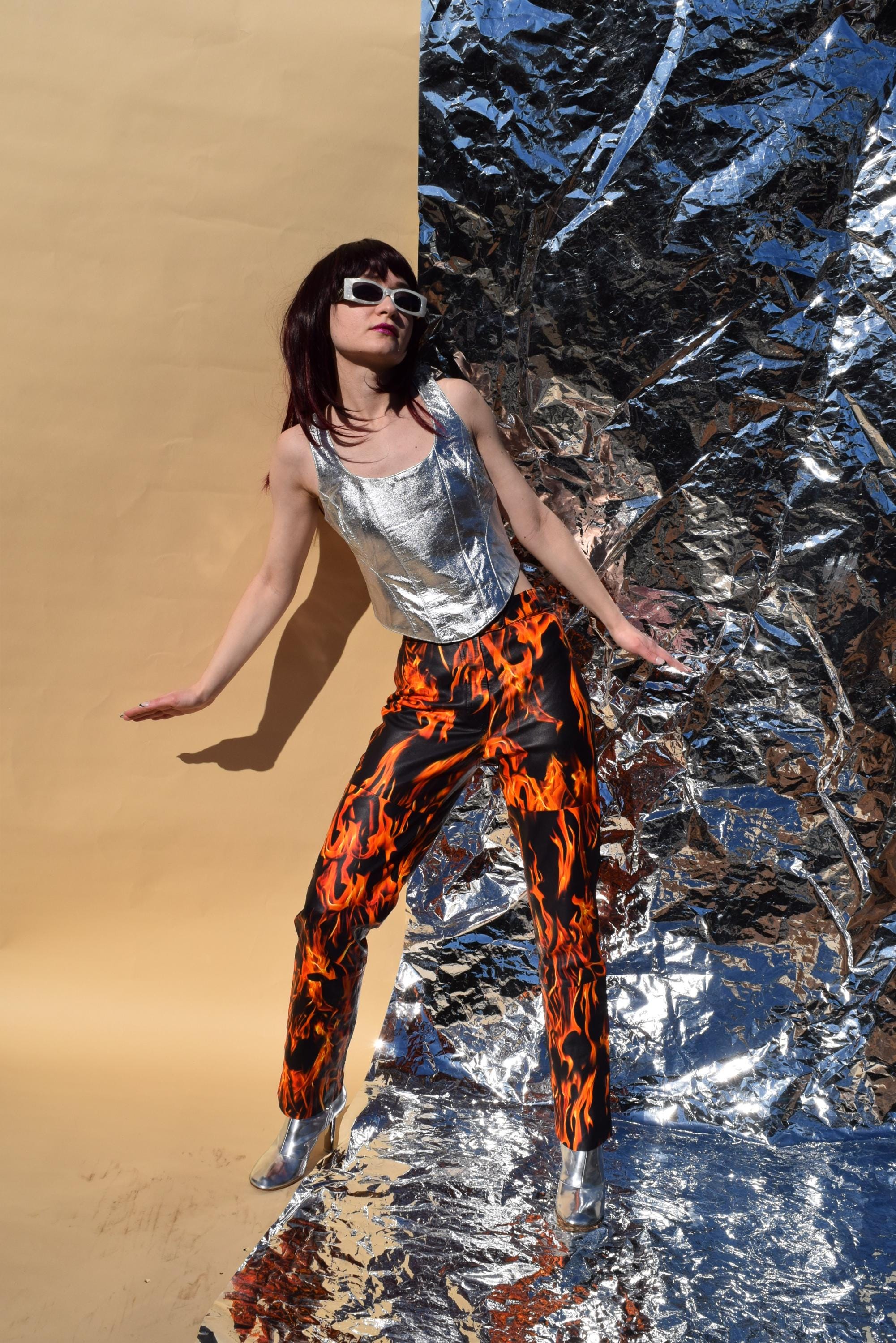 MARINE SERRE Flame Fire Leather Pants Runway 2019 Moto SZ Small Medium ...