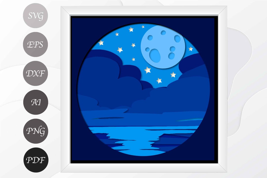 Night Shadow Box SVG, 3D Night Light Box Paper Cut Template, Starry ...