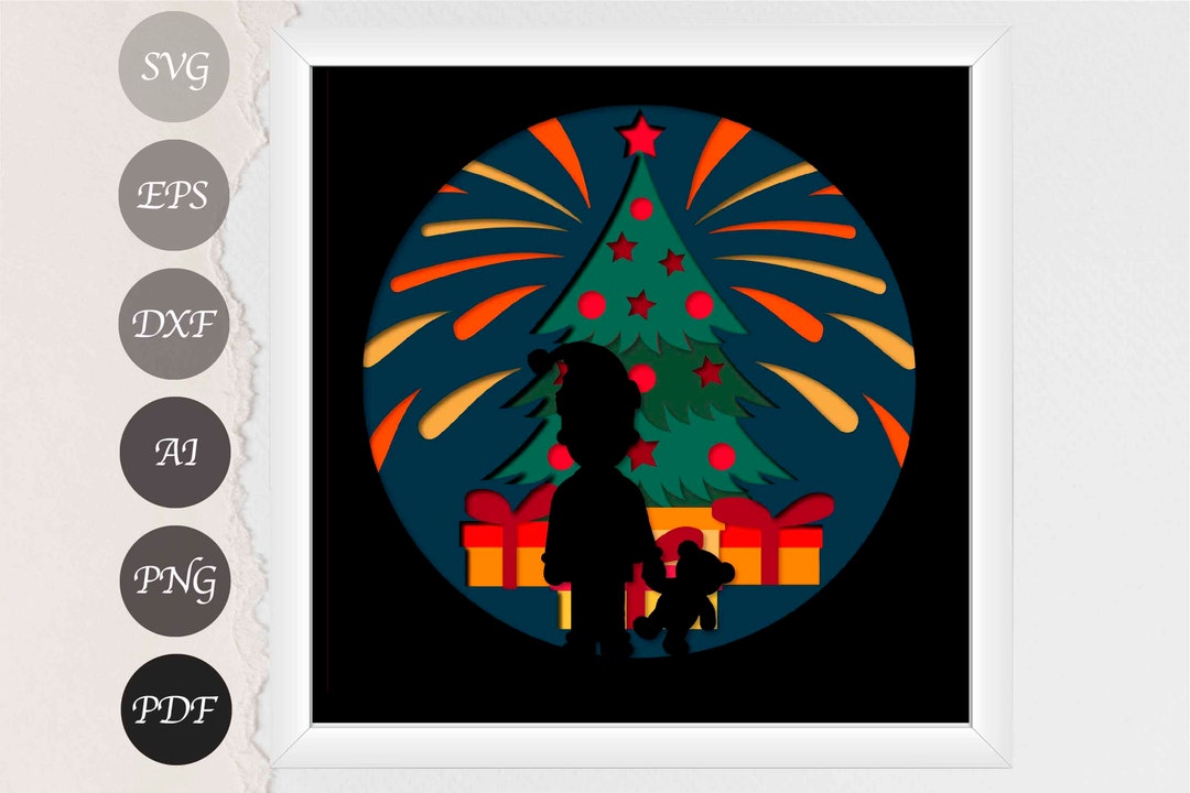 Boy With Christmas Tree Shadow Box SVG, Christmas Light Box Paper Cut ...