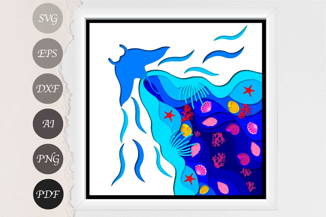 Stingray and Seashells Shadow Box SVG, 3d Sea Light Box Paper Cut ...