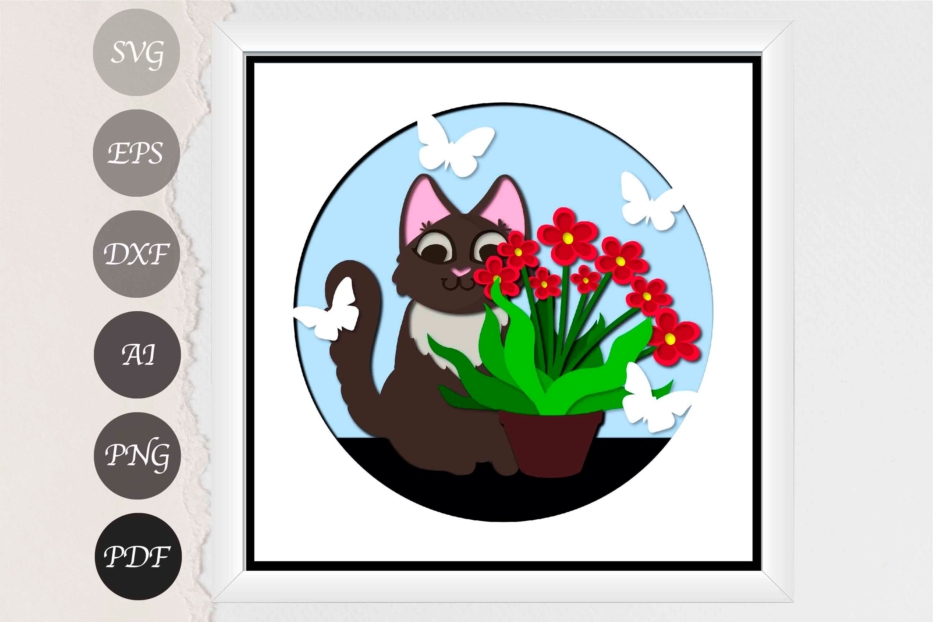 Spring Cat Shadow Box SVG, Cat Layered Paper Art Template, Spring Light ...