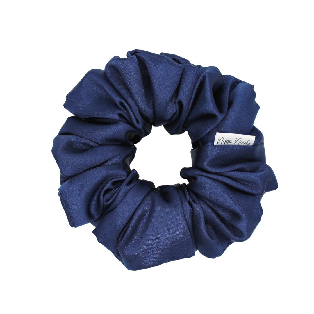 Large Satin Scrunchie, Navy Blue Satin Elastic Hair Tie, Handmade ...