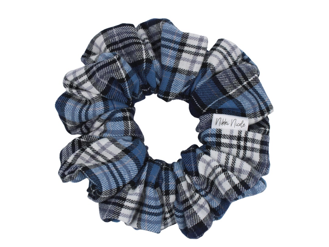 Large Blue Plaid Scrunchie, Blue Cotton Flannel Plaid Hair Scrunchie ...