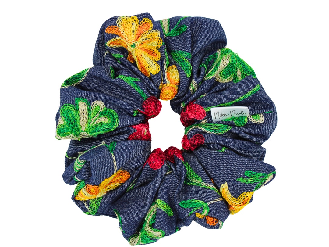 Embroidered Demin Scrunchie, Large Hair Tie, Boho Chic, Custom ...