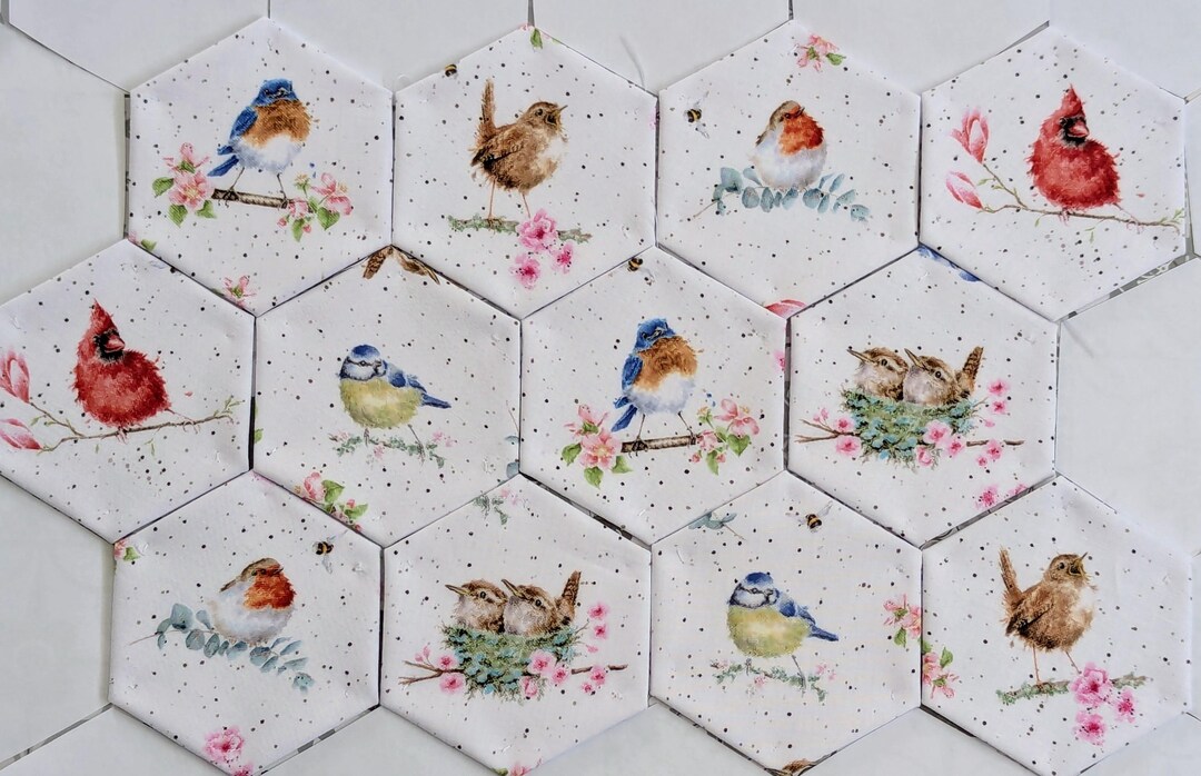 12 X Wrendale Birds Fabric Hexagons. Sewn to Paper Templates. for ...