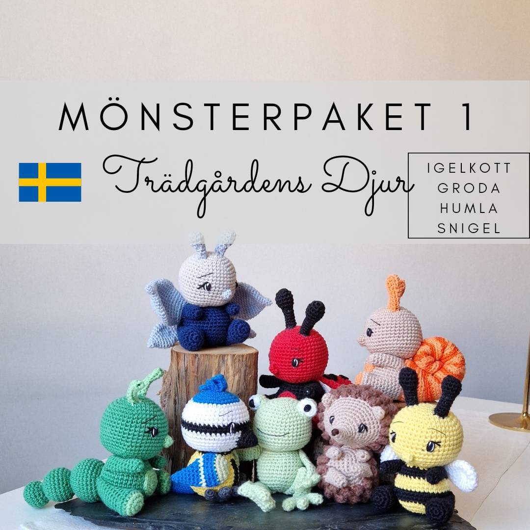 MÖNSTERPAKET 1! 4 Mönster Trädgårdens Djur (igelkott, Groda, Humla ...