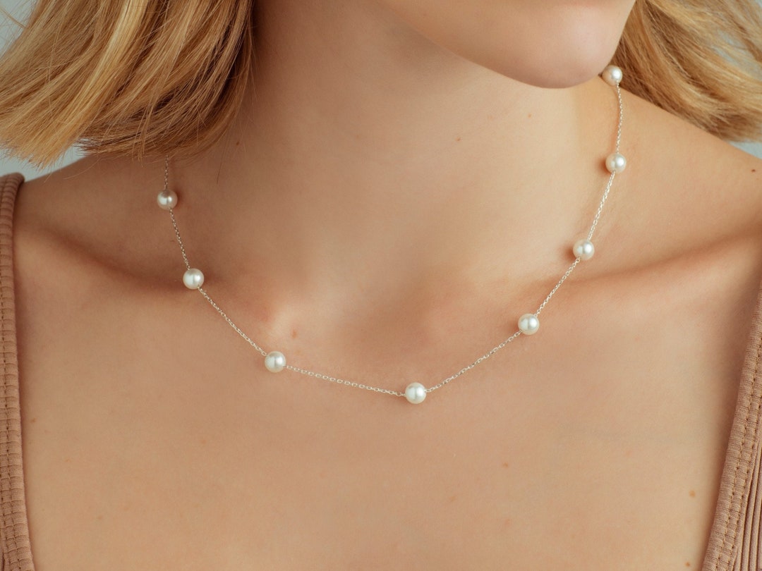 Station Pearl Necklace, 14k Gold Pearl Necklace, Dainty Freshwater ...