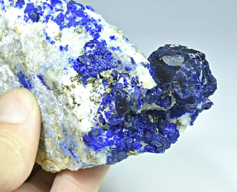 376g Ultra Rare Top Blue Hauyne Crystals W/ Calcite and Pyrite on ...