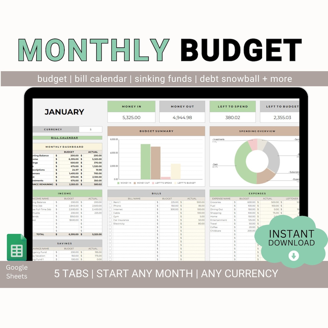 Monthly Budget Planner for Google Sheets | Monthly Budget Tracker ...