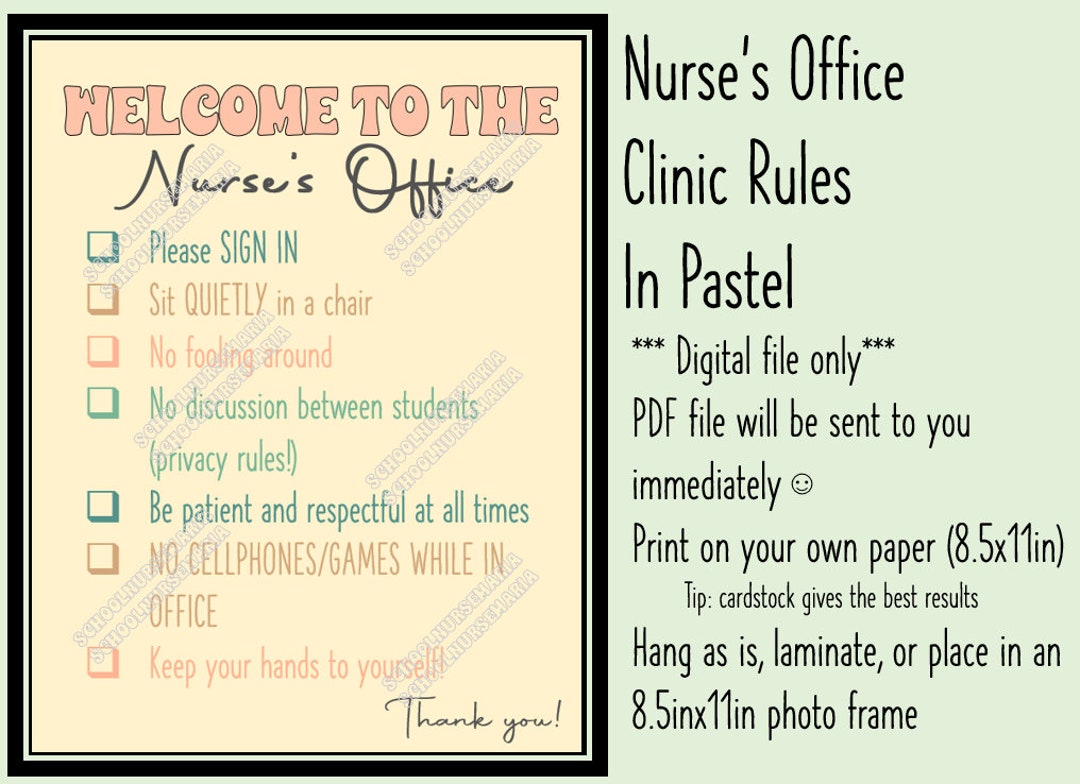 Nurse's Office Rules in Pastel/clinic Sign for School Nurse, School ...