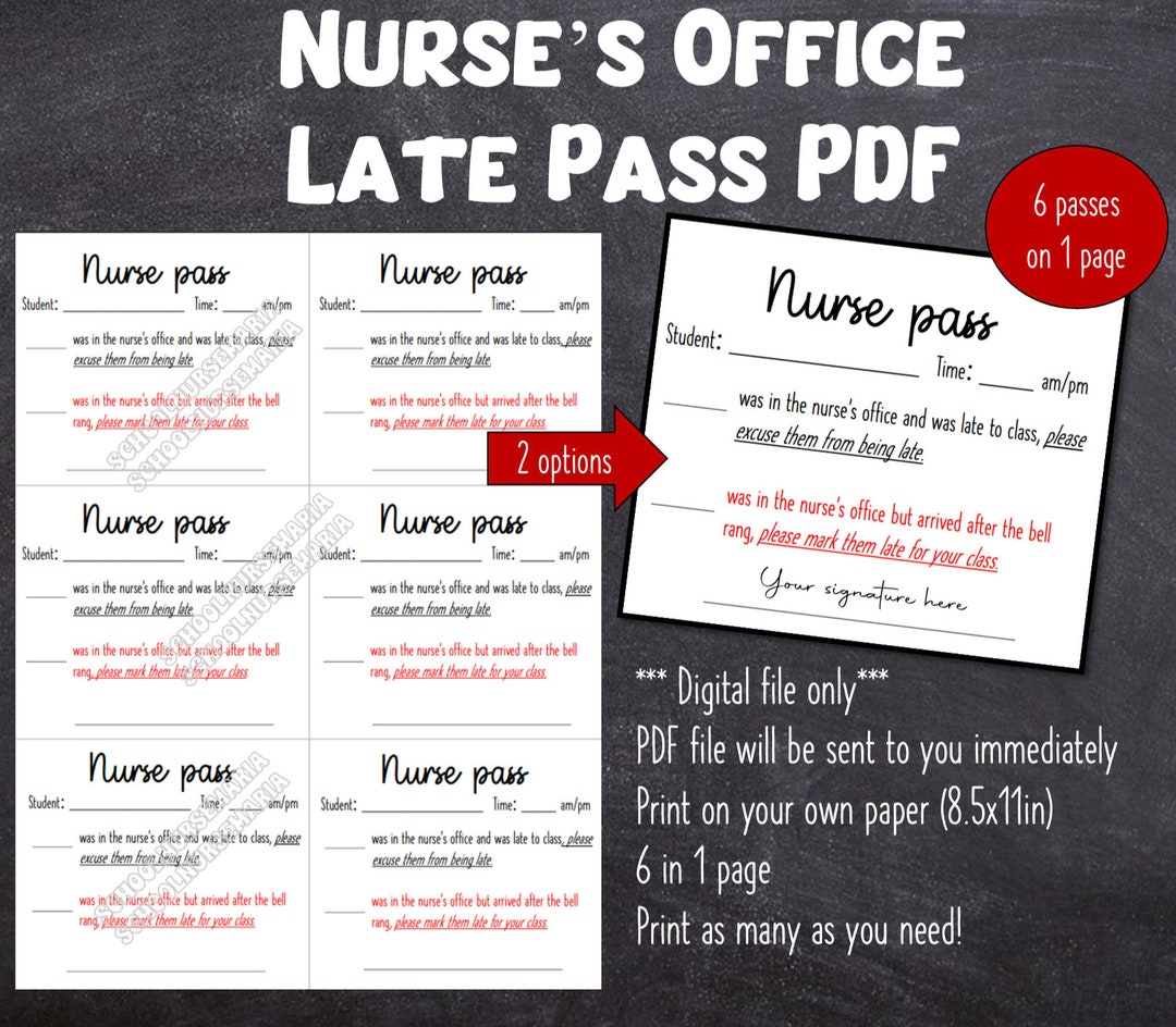 Nurse's Office Late Pass for School Nurses PDF File - Etsy