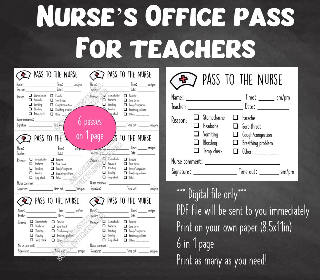 Nurse's Office Visit Pass for Teachers/classrooms PDF File - Etsy