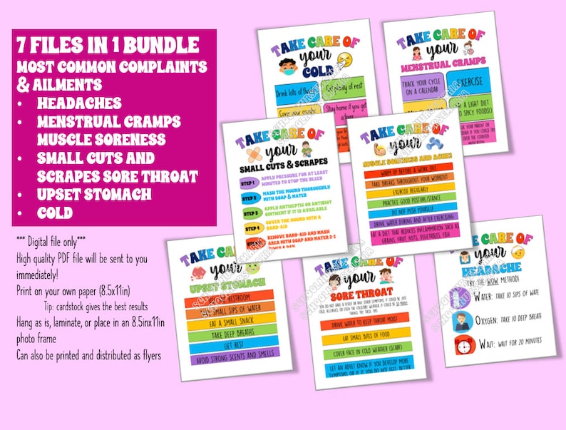 Nurse's Office/school Nurse Self Care Tips for Students and Kids 7 in 1 ...