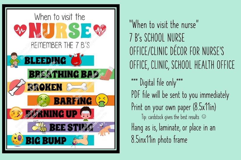 When to Visit the Nurse/7 B's Clinic Sign for School Nurse, School ...