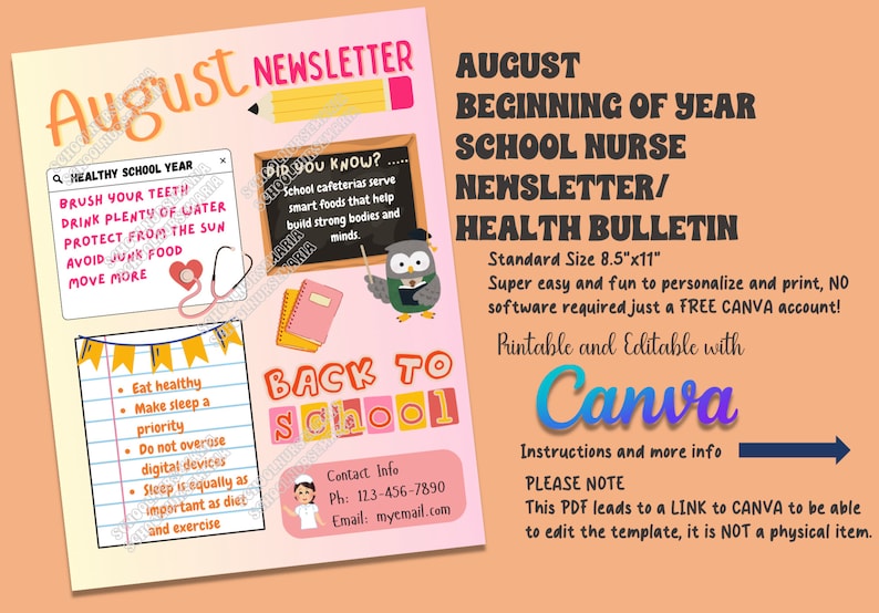 Editable School Nurse Newsletter: August Health Bulletin (canva PDF) - Etsy