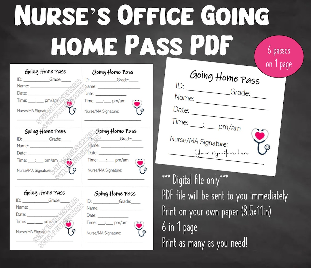 Nurses Office Going Home Pass For School Nurses Pdf File Etsy