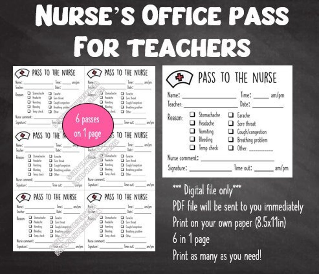 Nurse's Office Visit Pass for Teachers/classrooms PDF File - Etsy