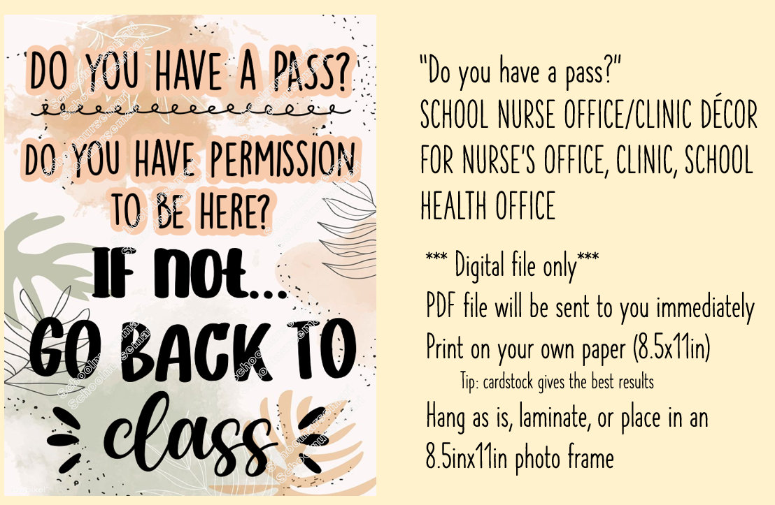 School Nurse Clinic Sign: 'do You Have a Pass?' Art Print (PDF) - Etsy