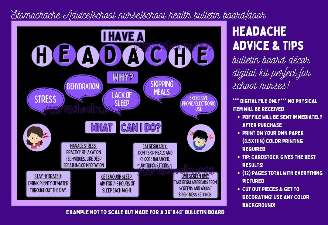 Headache Advice Bulletin Board Kit: School Nurse Office Decor (PDF) - Etsy