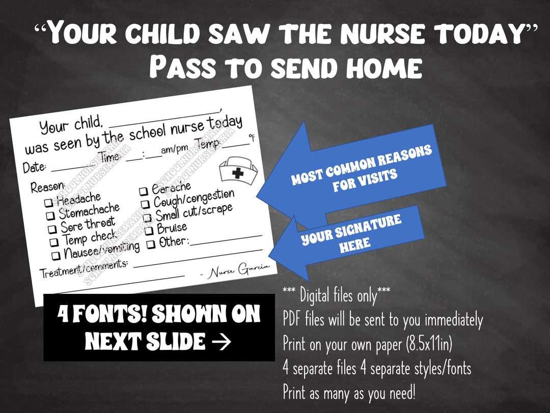 Your Child Saw the Nurse Today- Note to Send Home to Parents PDF Comes ...