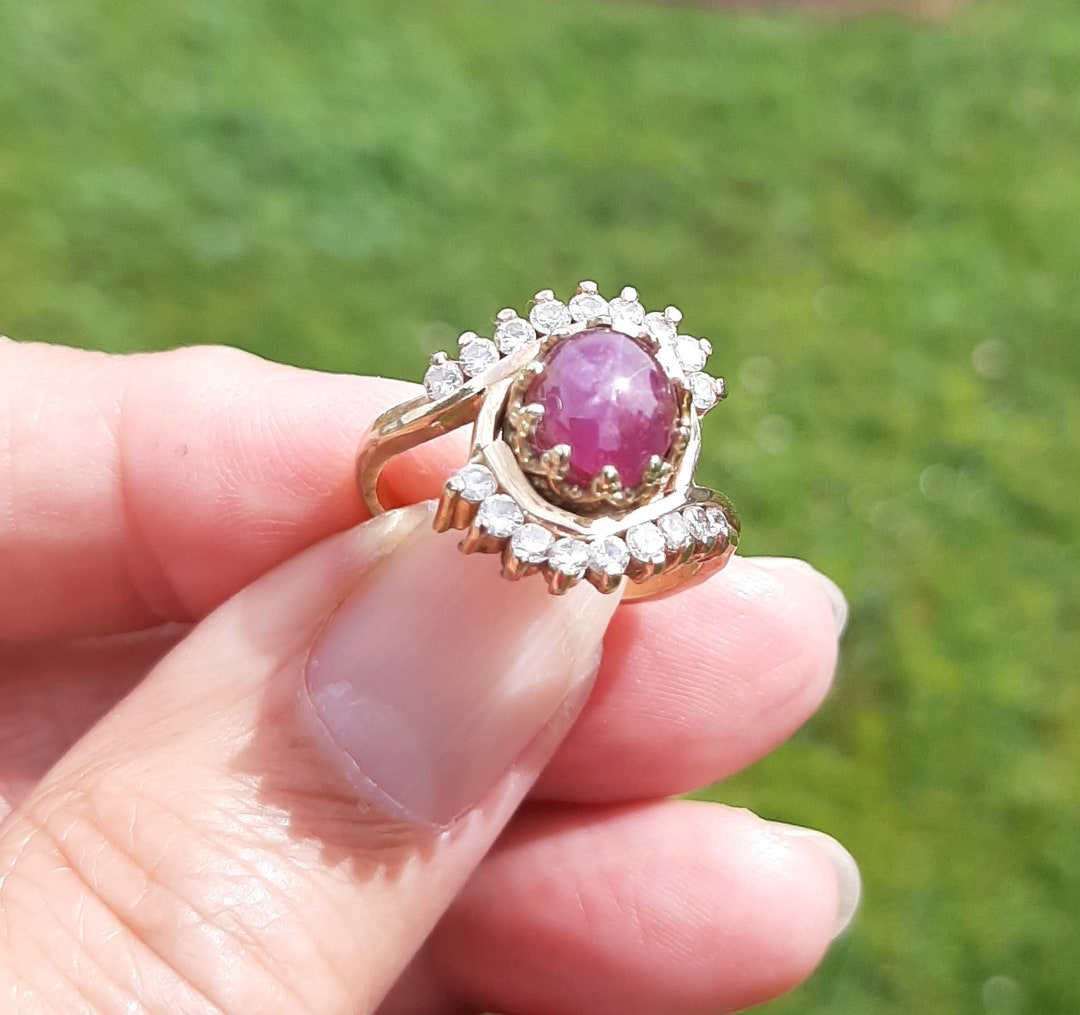 Star Ruby Cab Ring Diamond Accent Ring 14kt Gold Ring Star Ruby Diamond ...