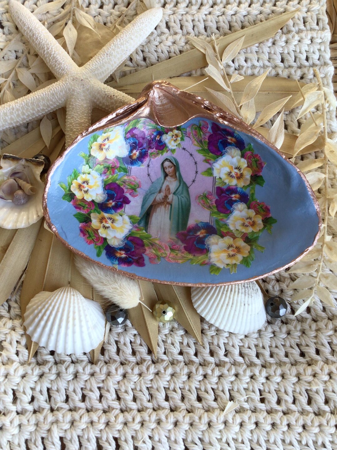 Rosary Bead Holder|handmade|virgin Mary Shell Art|ring Dish|catholic ...