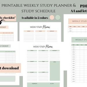 Printable Weekly Study Planner, Weekly Study Schedule, Weekly Checklist ...