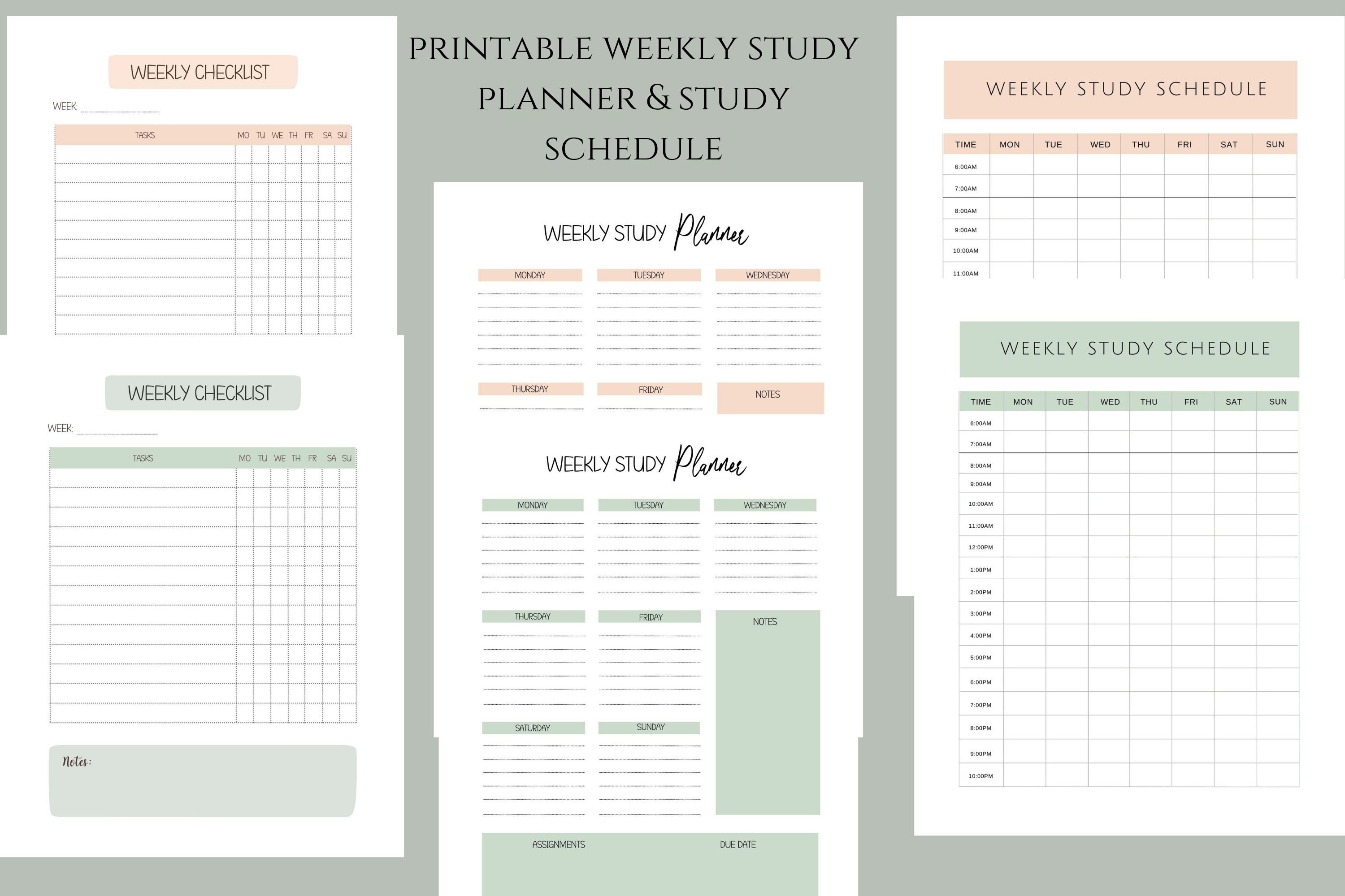 Printable Weekly Study Planner, Weekly Study Schedule, Weekly Checklist ...