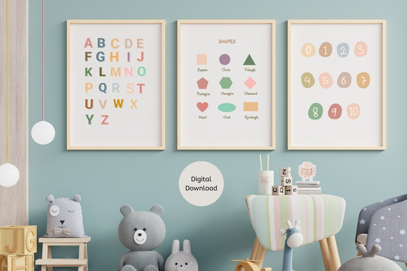 Set of 3 Educational Wall Art Printable, Alphabet Wall Art, Learning ...