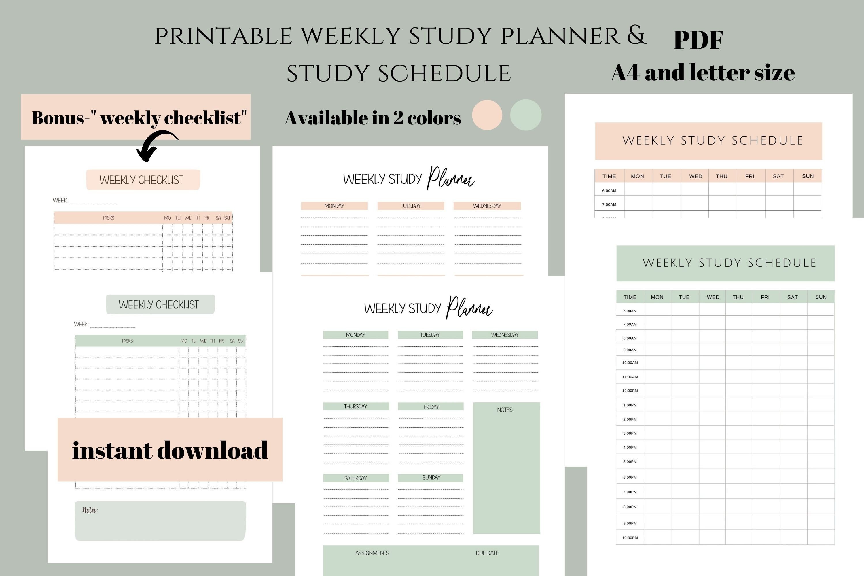 Printable Weekly Study Planner, Weekly Study Schedule, Weekly Checklist ...