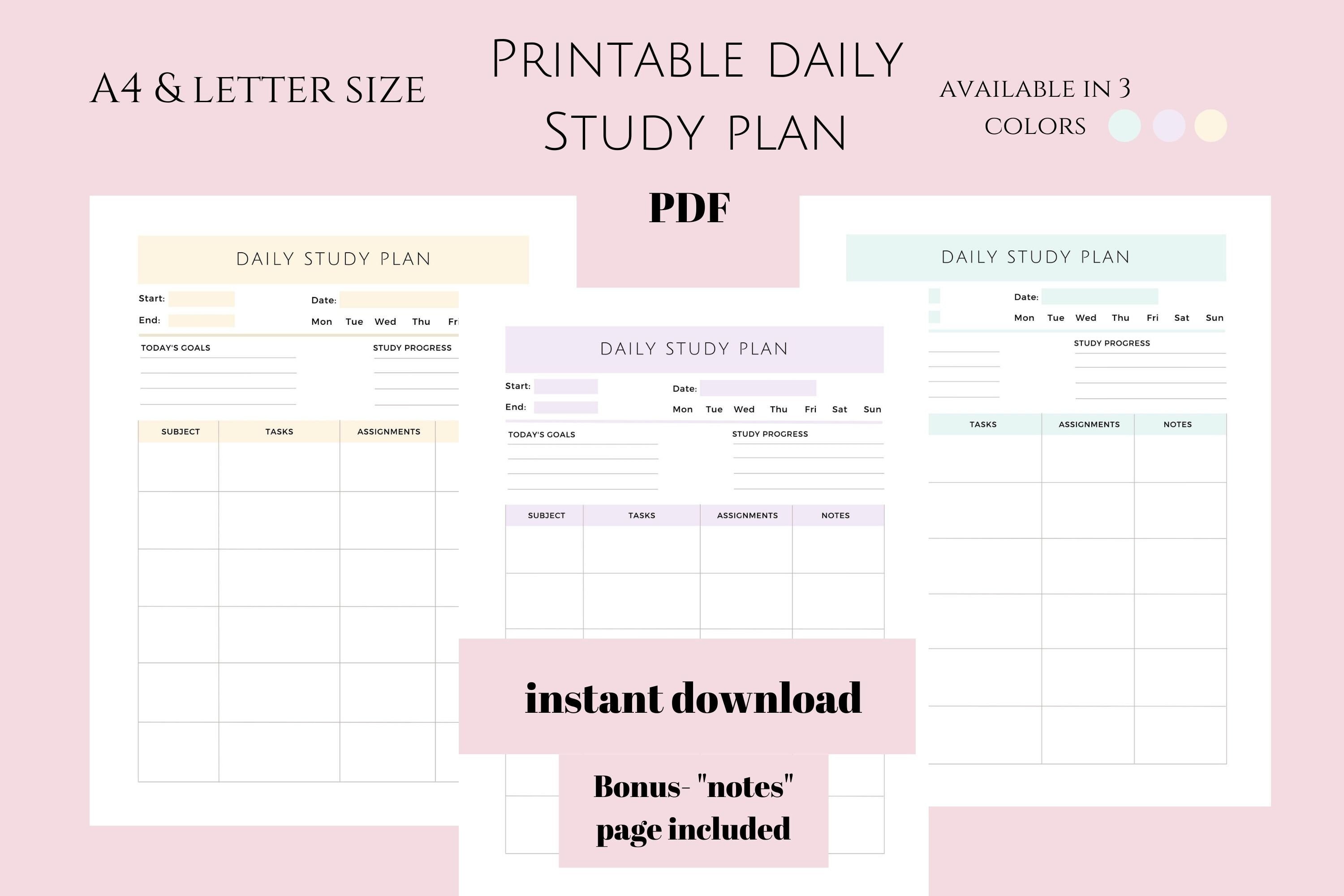 Daily Study Plan Printable, Study Planner, Academic Planner, Instant ...