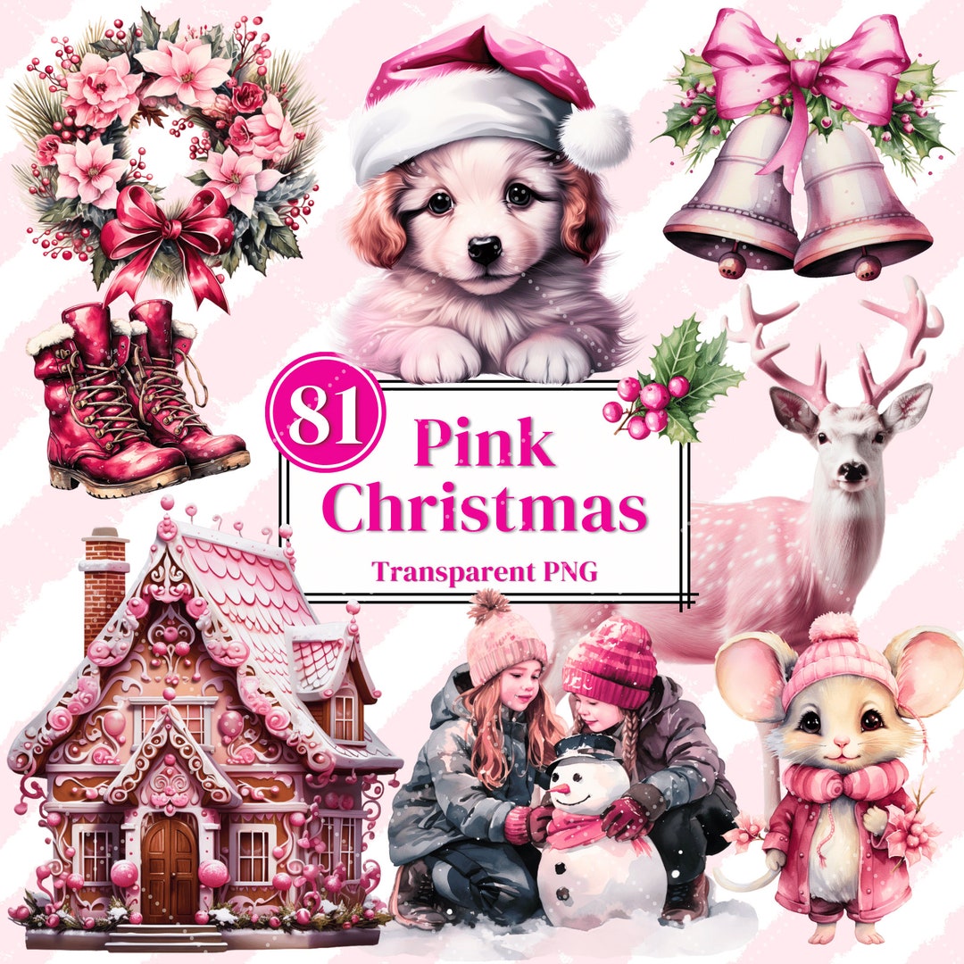 81 Watercolor Pink Merry Christmas PNG Bundle Downloadable Clipart Set ...
