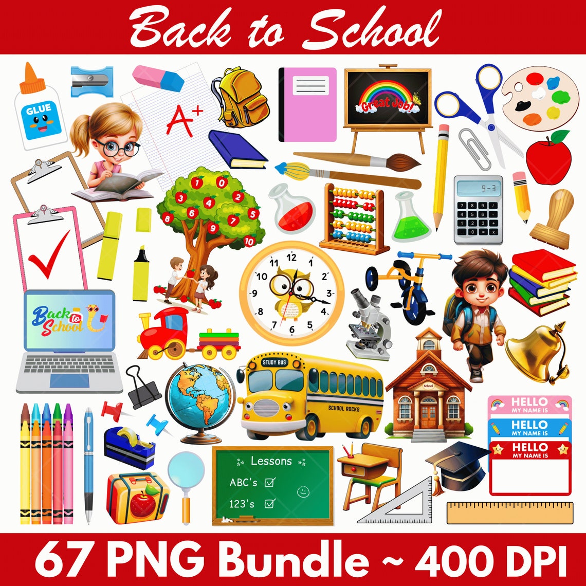 67 School Clipart Set | Downloadable Clipart Bundle | School Supply PNG ...
