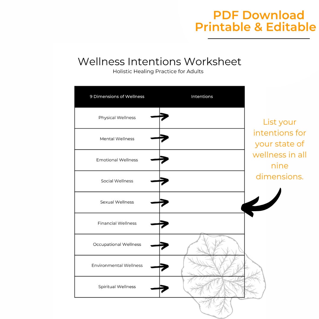 Wellness Intentions Worksheet Holistic Healing Practice for Adults ...