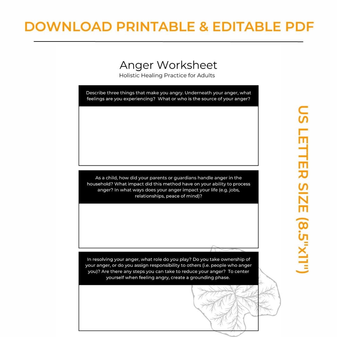 Anger Worksheet Holistic Healing Practice for Adults - Emotions, Trauma ...
