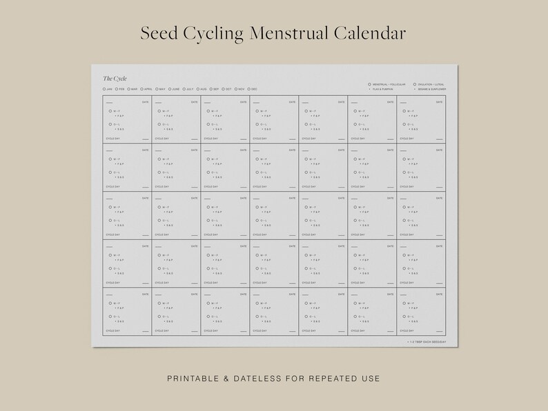 Printable Seed Cycling Calendar Menstrual Cycle Tracking Dateless Clean ...