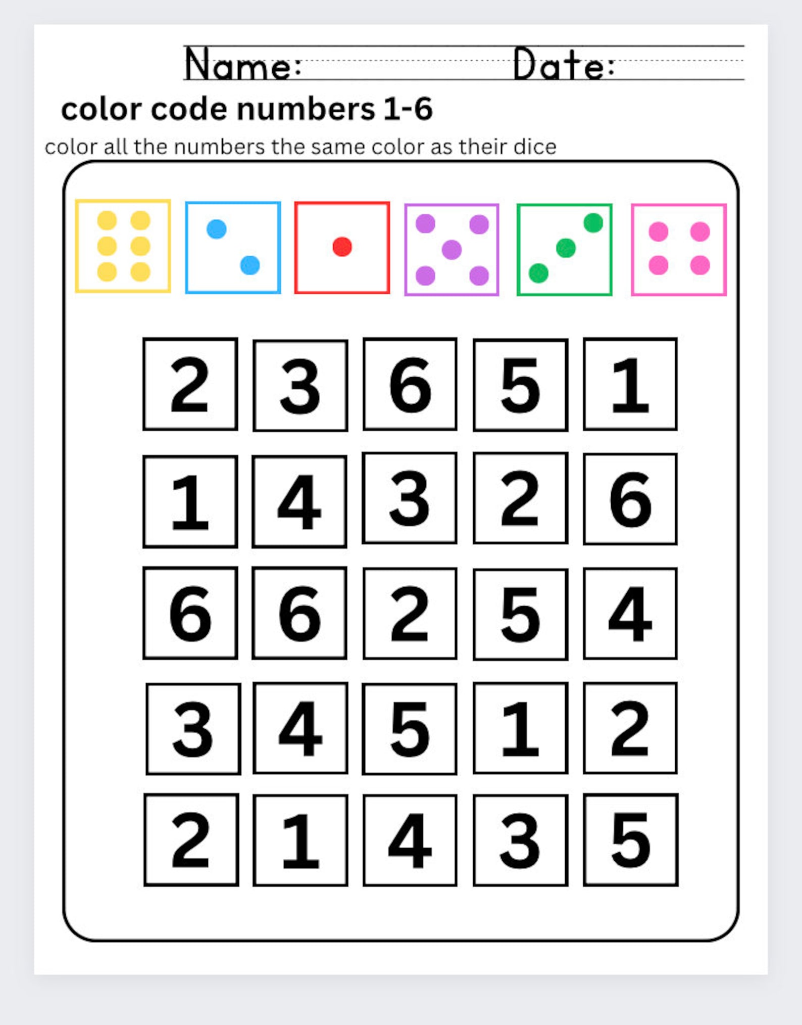 Learning Numbers 1-6 Fun Dice Printable Worksheets for Preschool and ...