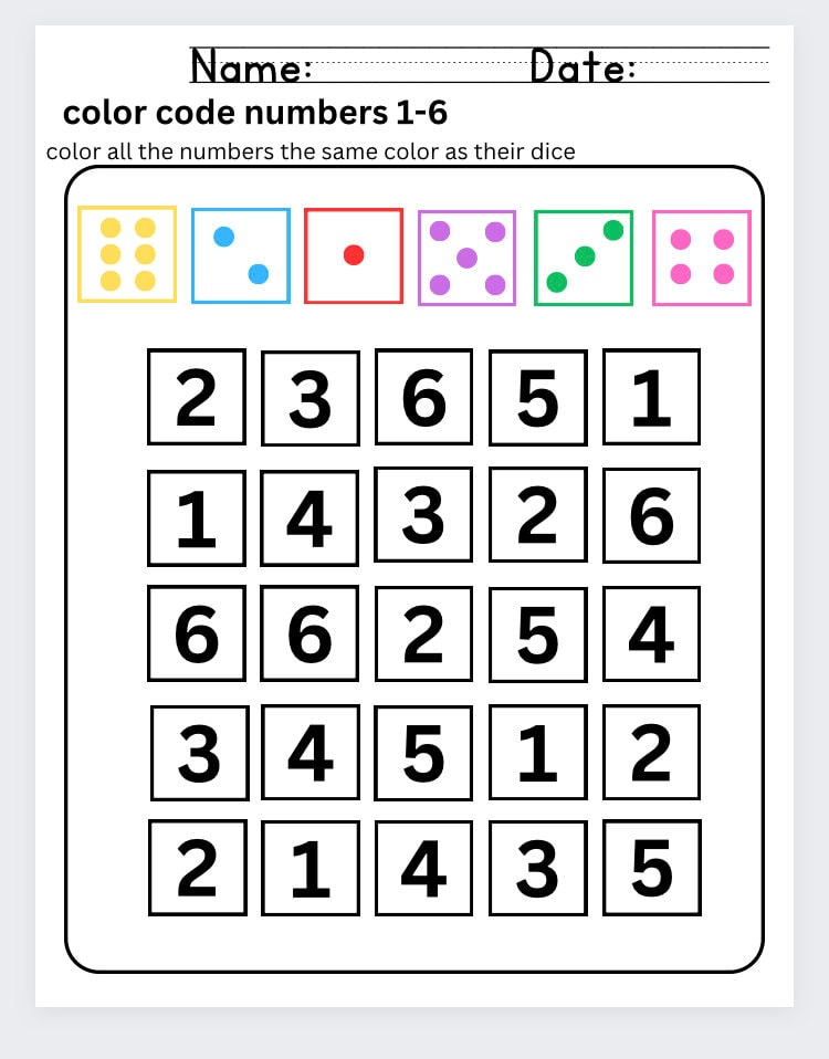 Learning Numbers 1-6 Fun Dice Printable Worksheets for Preschool and ...