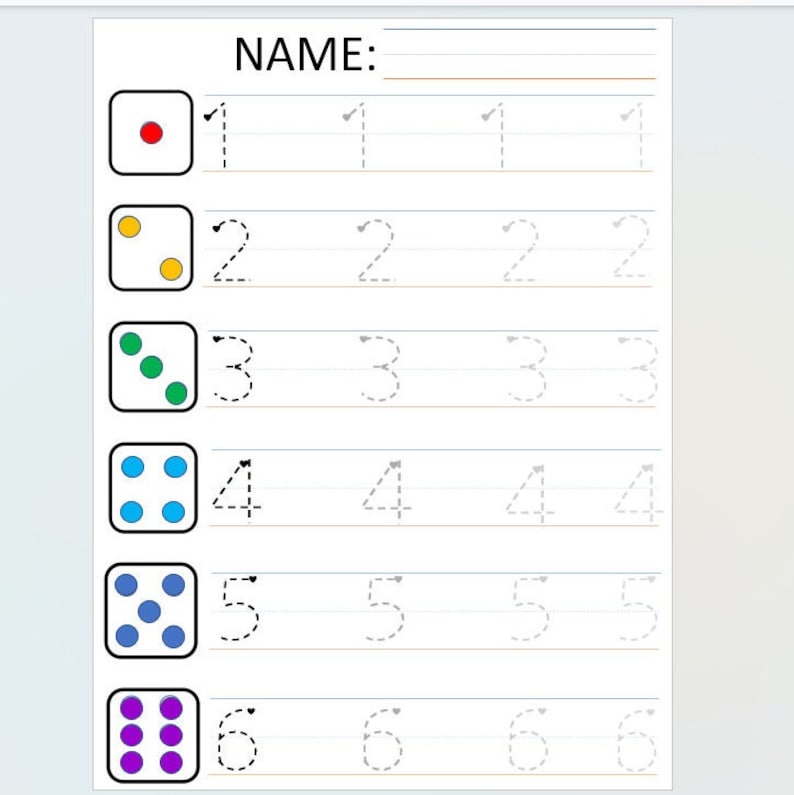 Dice Number Writing Practice Printable Worksheets for Kids - Etsy