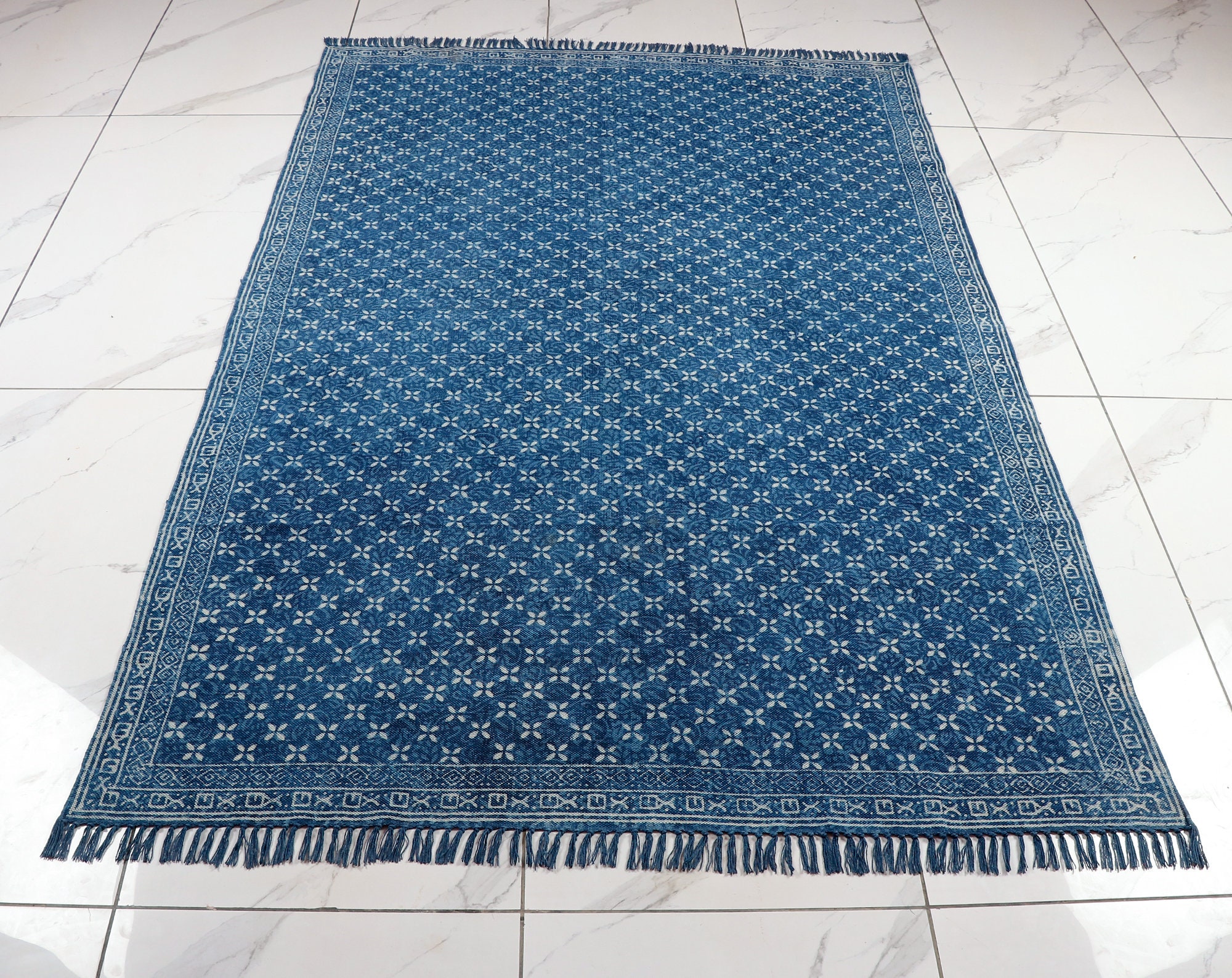 Handblock Indigo Cotton Rug Block Printed Dhurrie Handmade - Etsy
